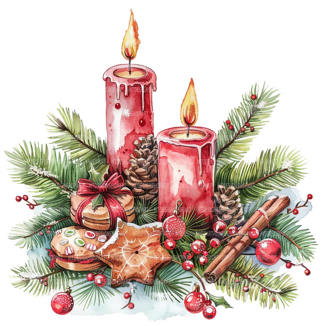11 Festive Candles Clipart, Christmas Candle, Printable Watercolor ...