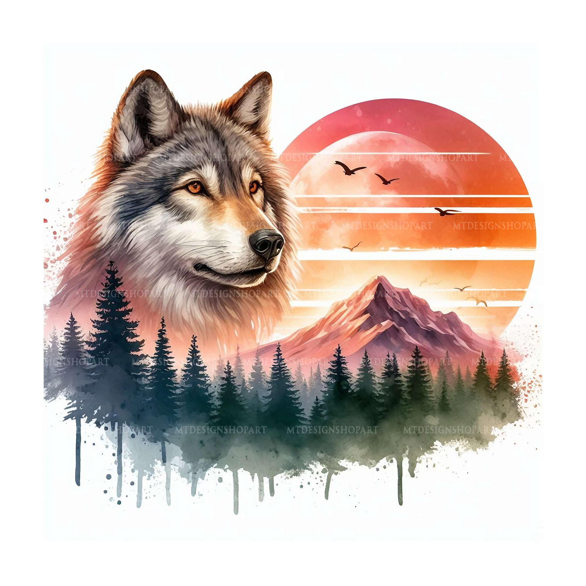 18 Wolf Sunset Clipart, Printable Watercolor Clipart, Watercolor Wolf Clipart, Sunset Colors ...