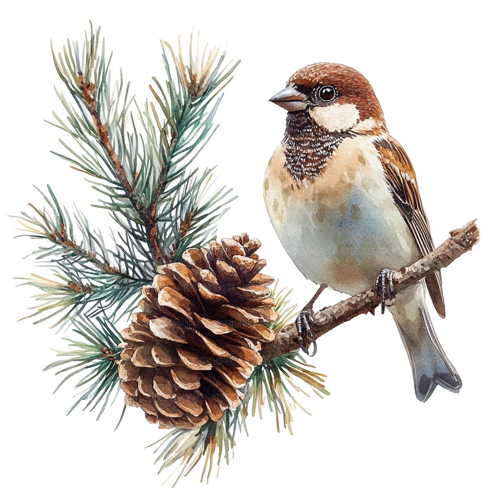 19 Sparrow Clipart, Sparrow on a Spruce Branch,, Printable Watercolor ...