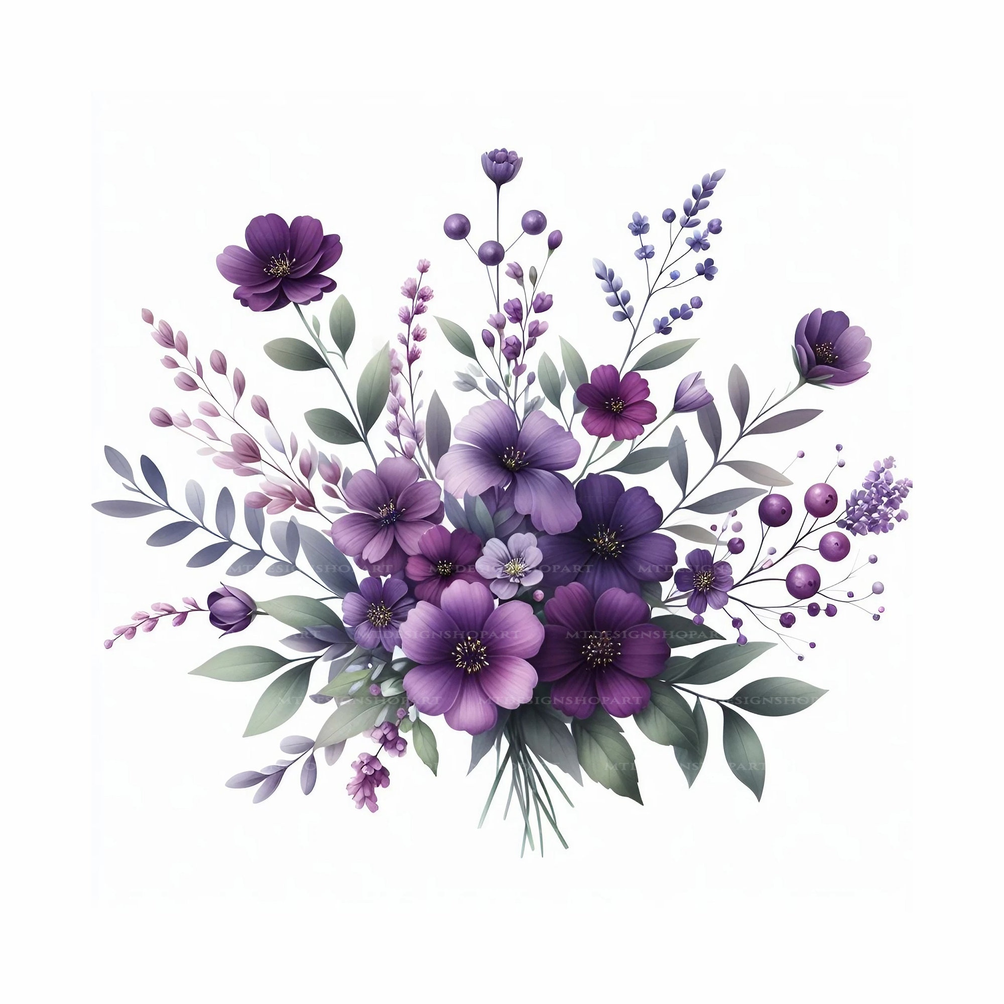 14 Purple Flowers Bouquet Clipart, Violet Floral, Printable Watercolor ...