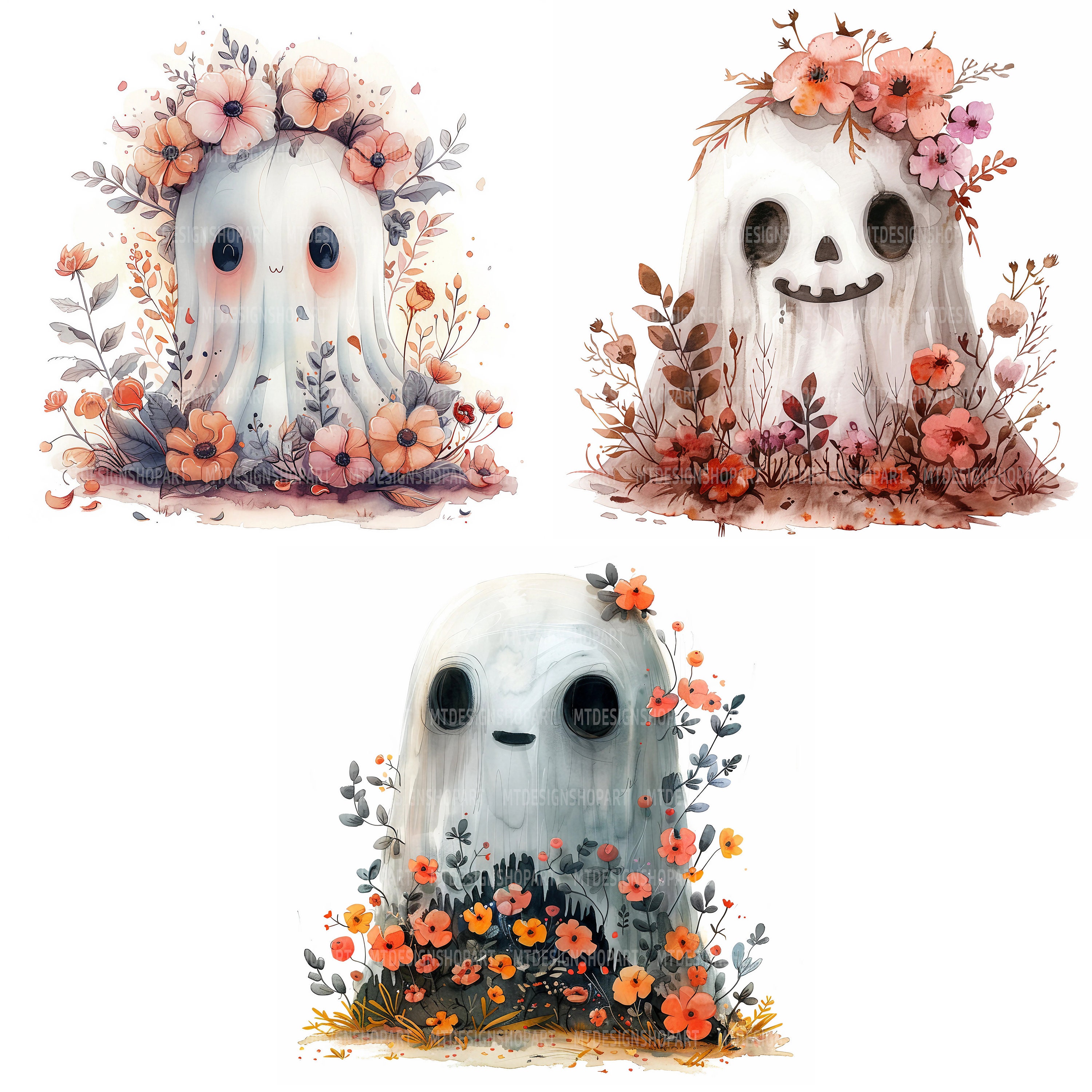 24 Floral Ghost Clipart, Halloween Ghost, Flowers Clipart, Printable ...