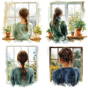 19 Woman Looking Out Window Clipart, Lonely Woman, Printable Watercolor ...