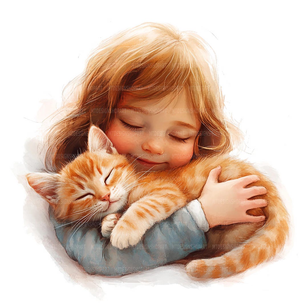 21 Little Girl Hugging Kitten Clipart, Kitten and Girl, Printable ...