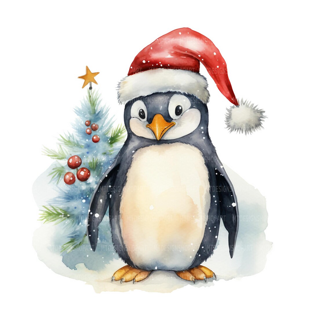 14 Christmas Penguin Watercolor Clipart, Holiday JPG Images (digital ...