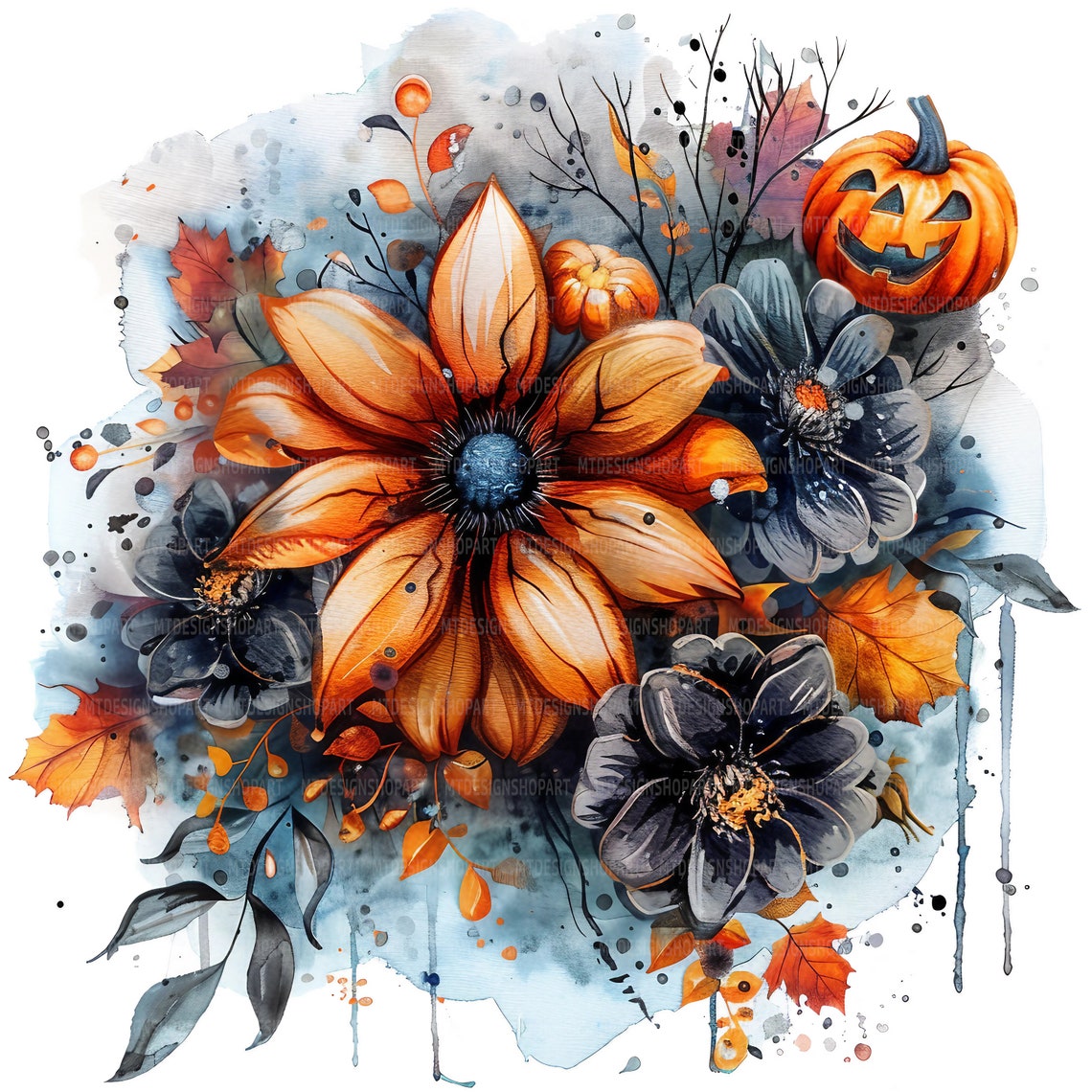 12 Halloween Flower Clipart, Flowers Clipart, Printable Watercolor ...