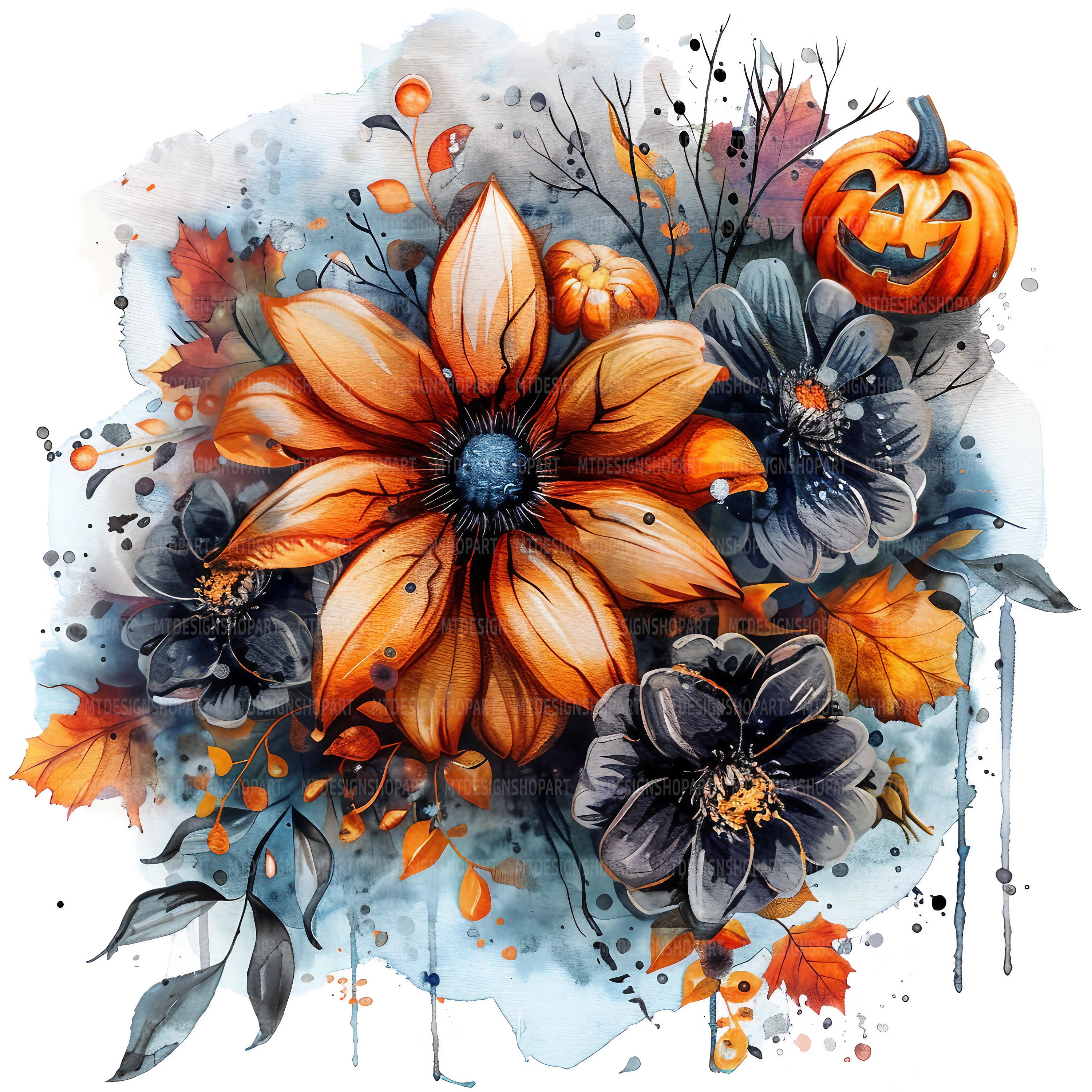 12 Halloween Flower Clipart, Flowers Clipart, Printable Watercolor ...
