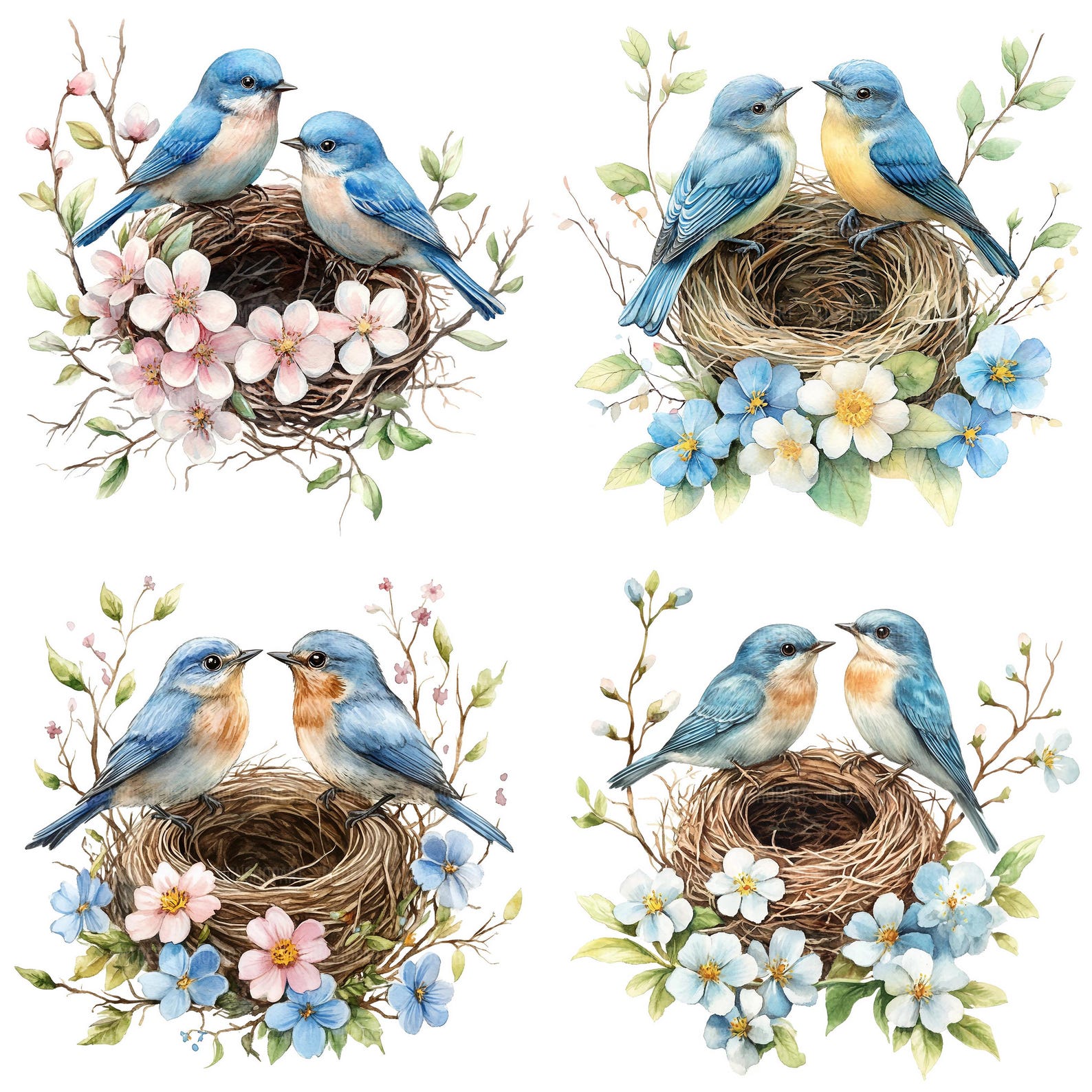 16 Spring Bird Nest Clipart, Blue Bird Clipart, Printable Watercolor ...