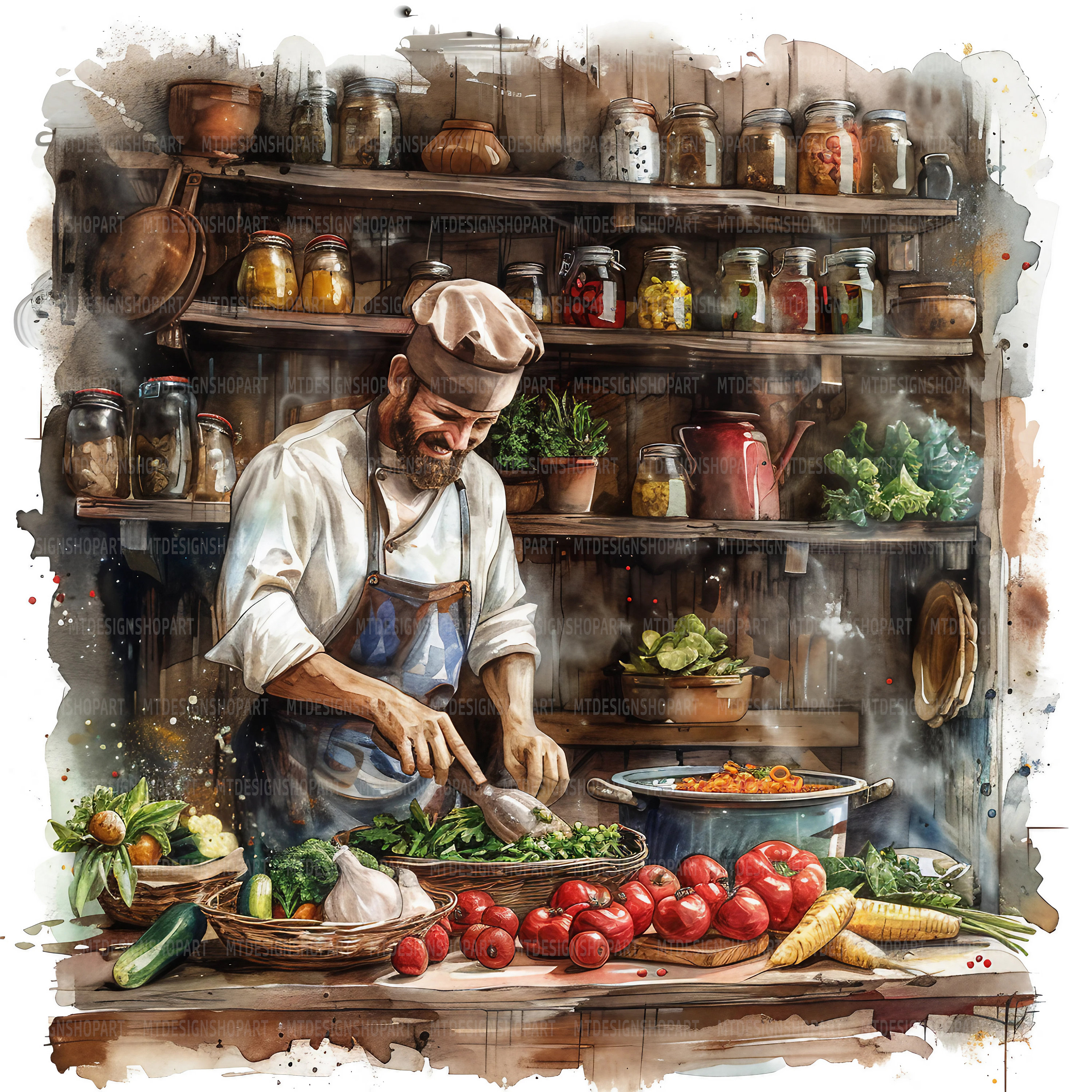 10 Happy Cook in Countryside Clipart, Cooking Chef Clipart, Watercolor ...