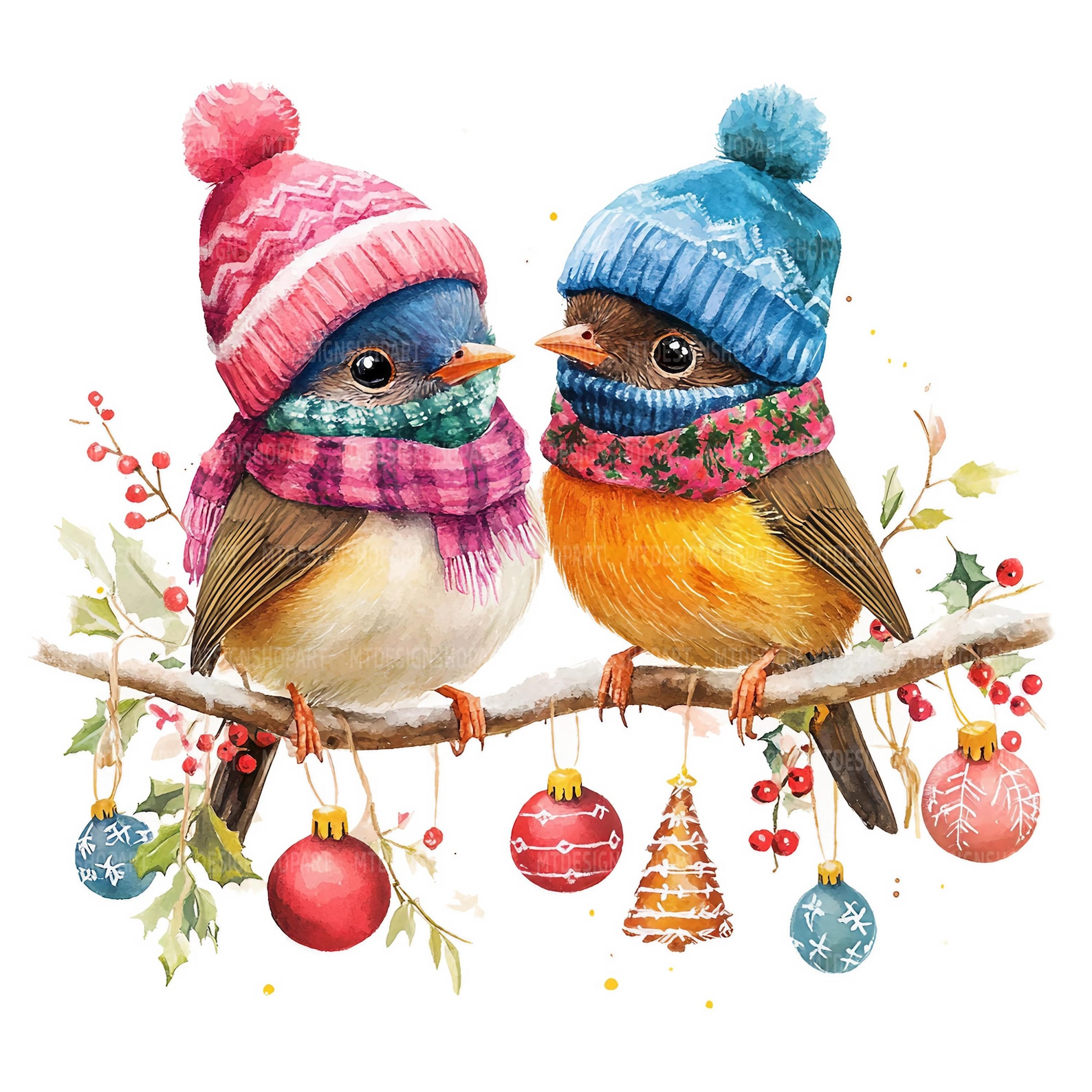 22 Christmas Birds Clipart, Festive Birds on Branch, Printable ...