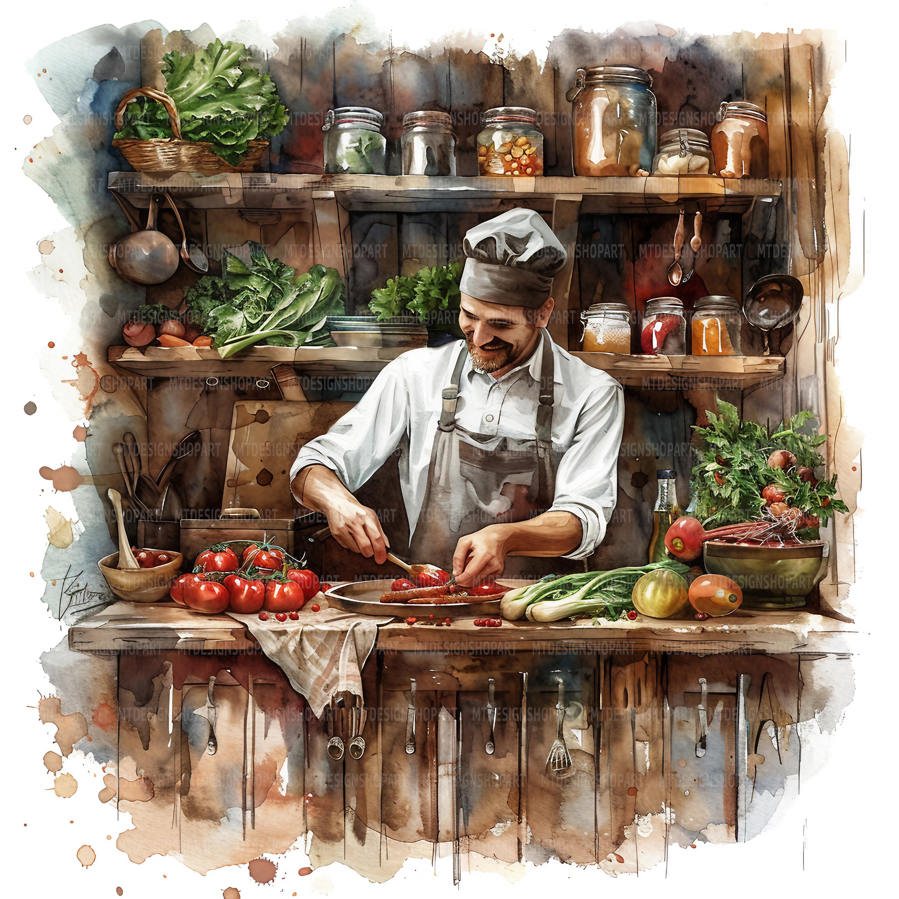 10 Happy Cook in Countryside Clipart, Cooking Chef Clipart, Watercolor ...