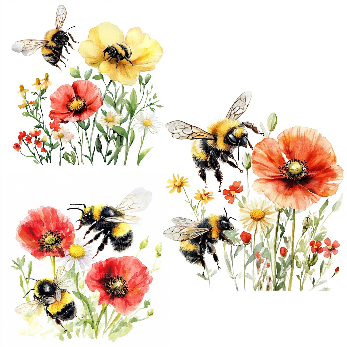 Watercolor Bees and Flowers Clipart: Floral Art, Paper Crafts (digital ...