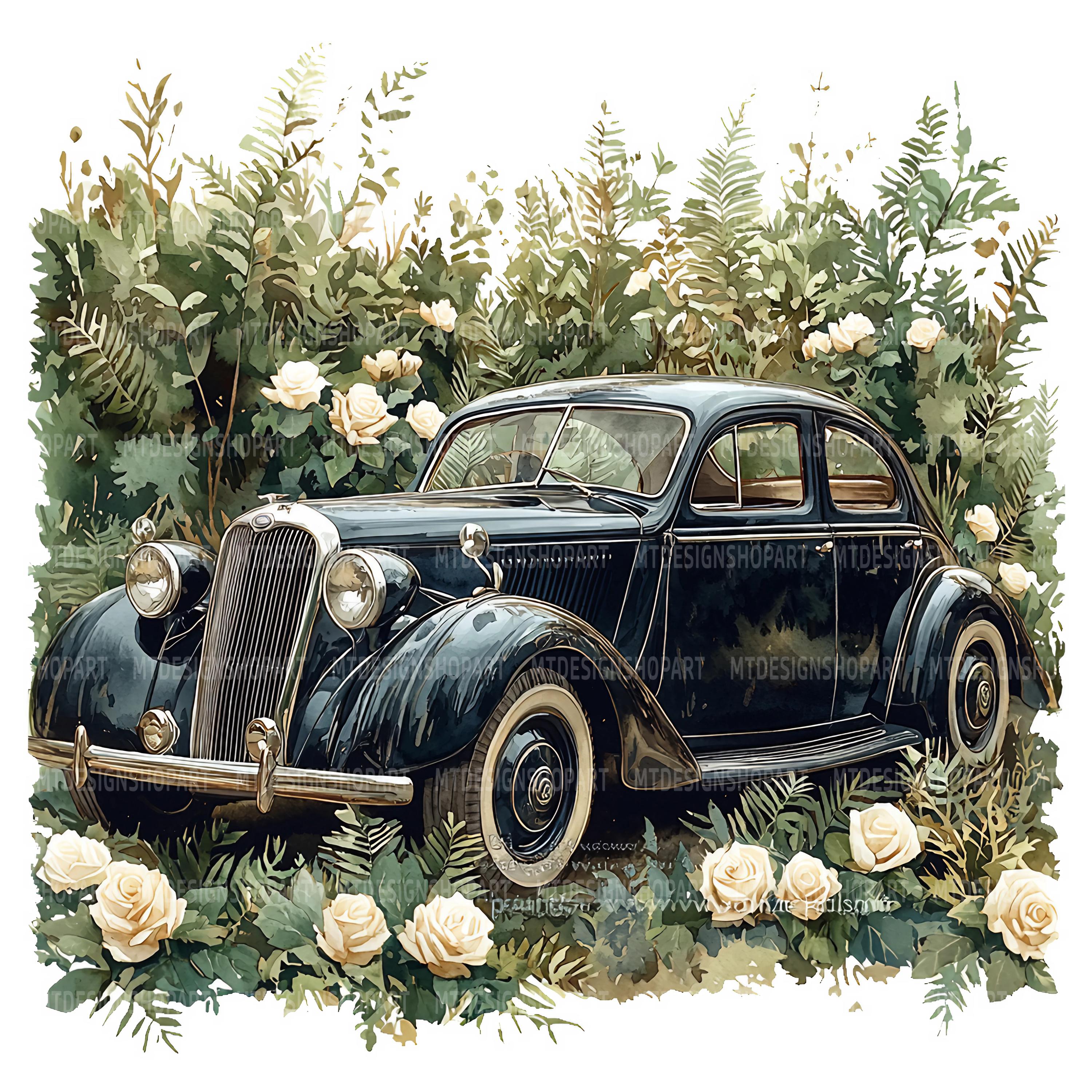 Victorian Black Car Clipart: Floral Watercolor Car Illustrations ...