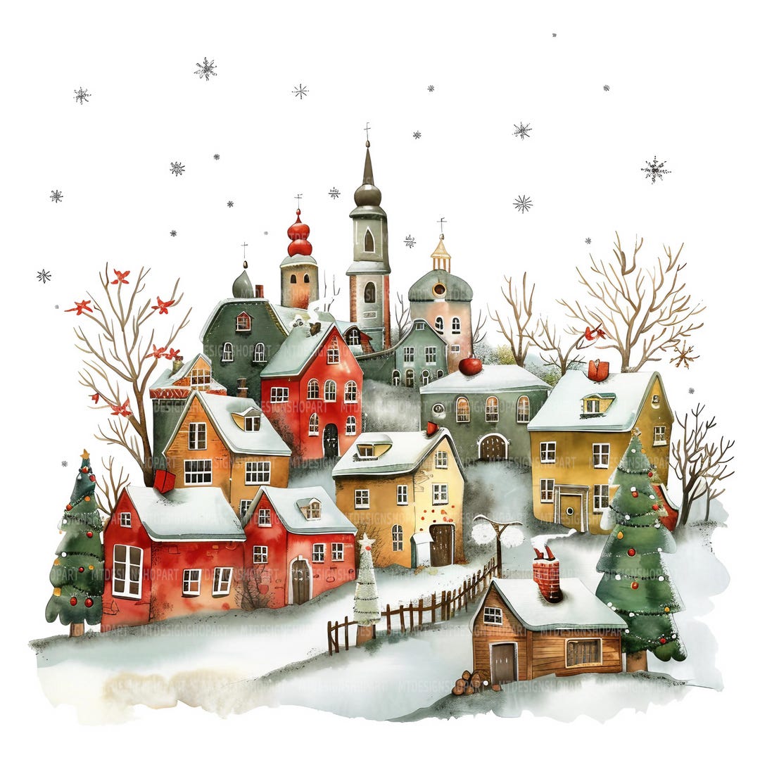 12 Christmas Town Clipart, Winter Village , Printable Watercolor ...