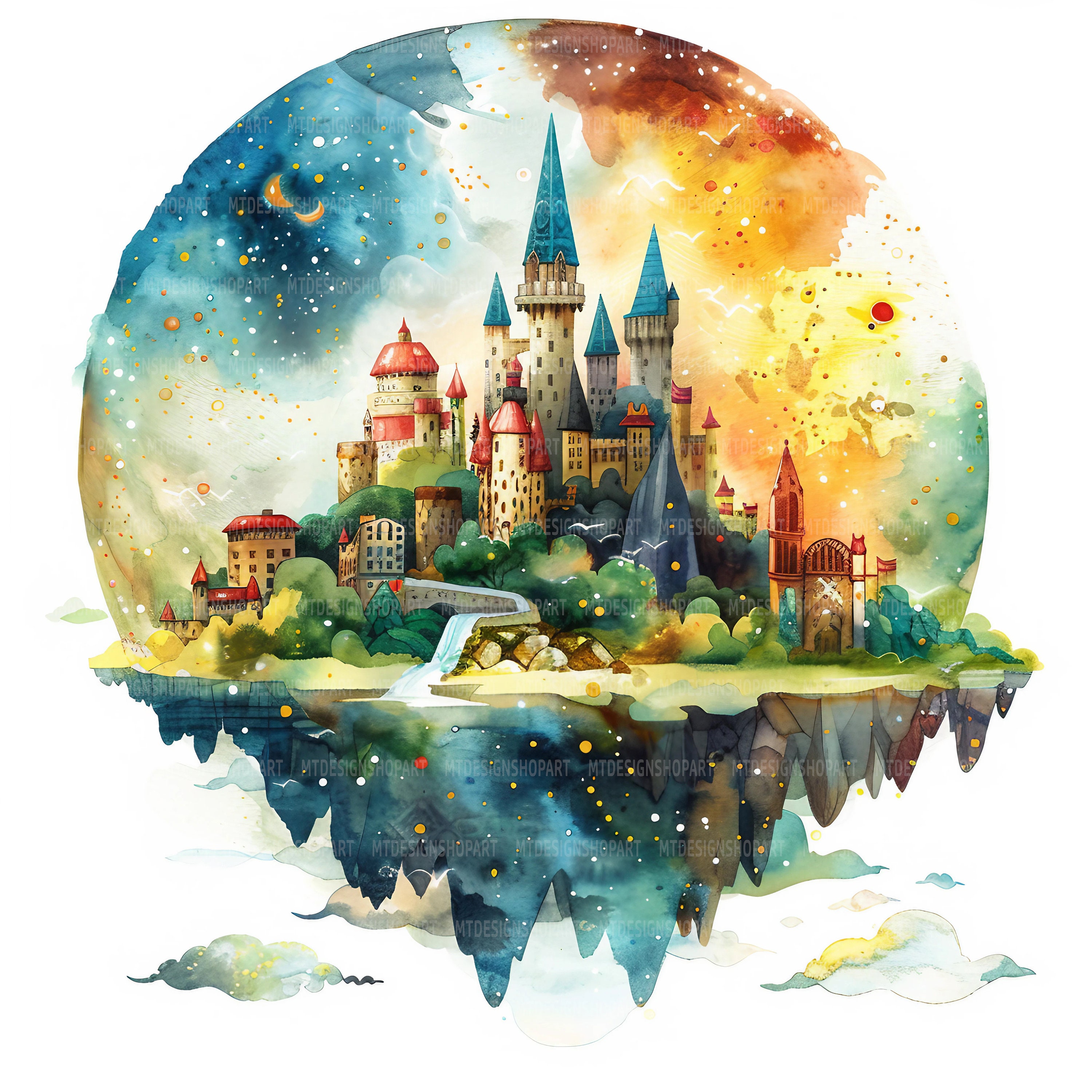 12 Floating Castle Clipart, Castle in Sky Landscape, Printable ...