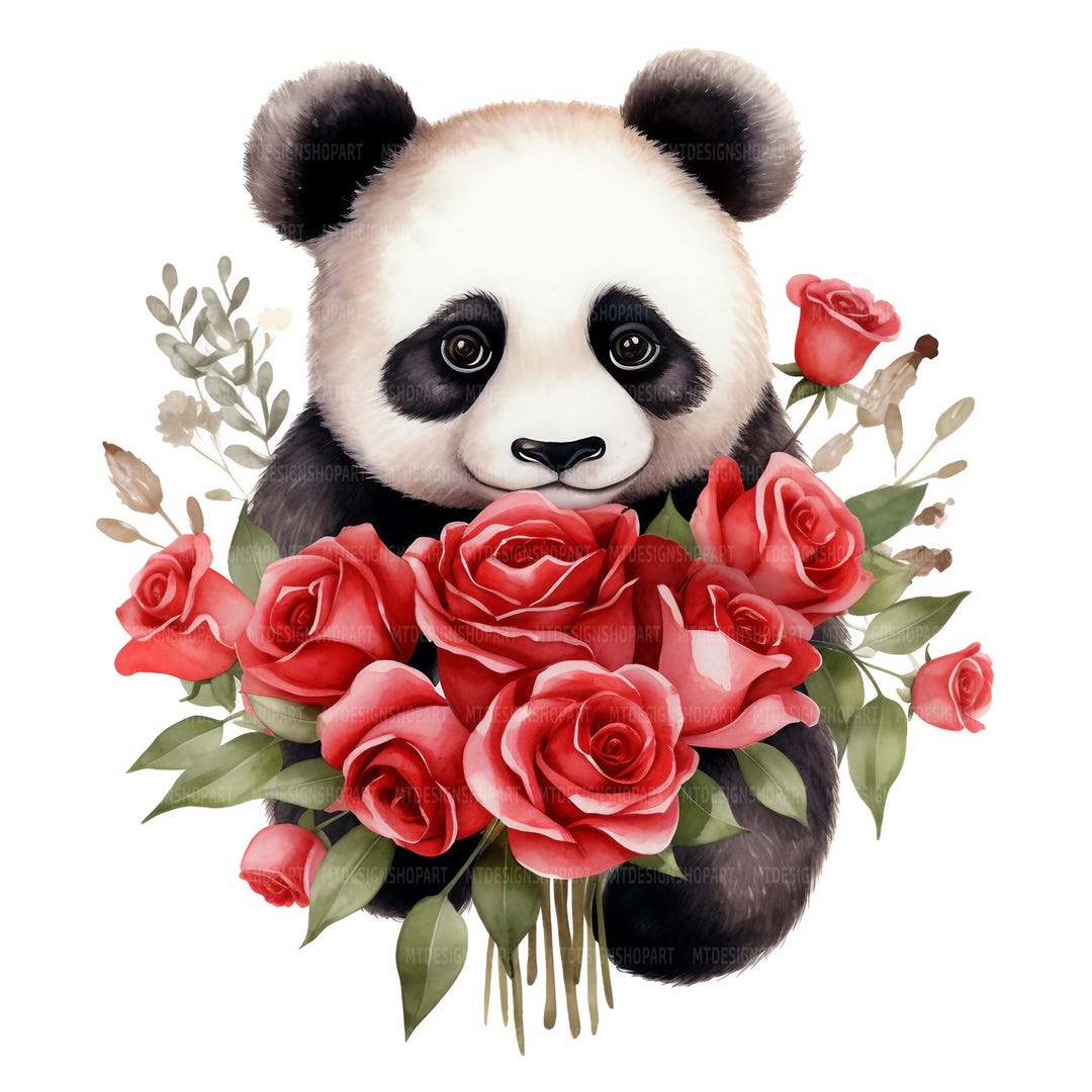18 Panda With Red Roses Clipart, Panda Art, Valentine's Day, Printable ...