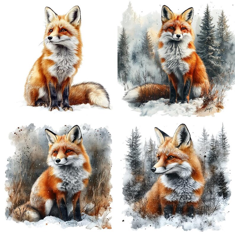 16 Fox in Winter Clipart, Cute Winter Fox, Printable Watercolor Clipart ...