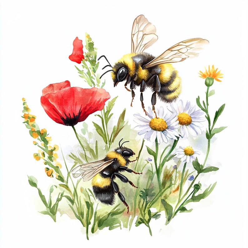 Watercolor Bees and Flowers Clipart: Floral Art, Paper Crafts (digital ...