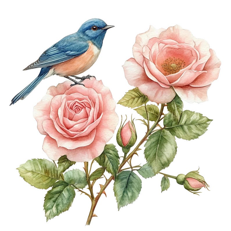 16 Floral Bluebird Clipart, Bird and Roses, Printable Watercolor ...