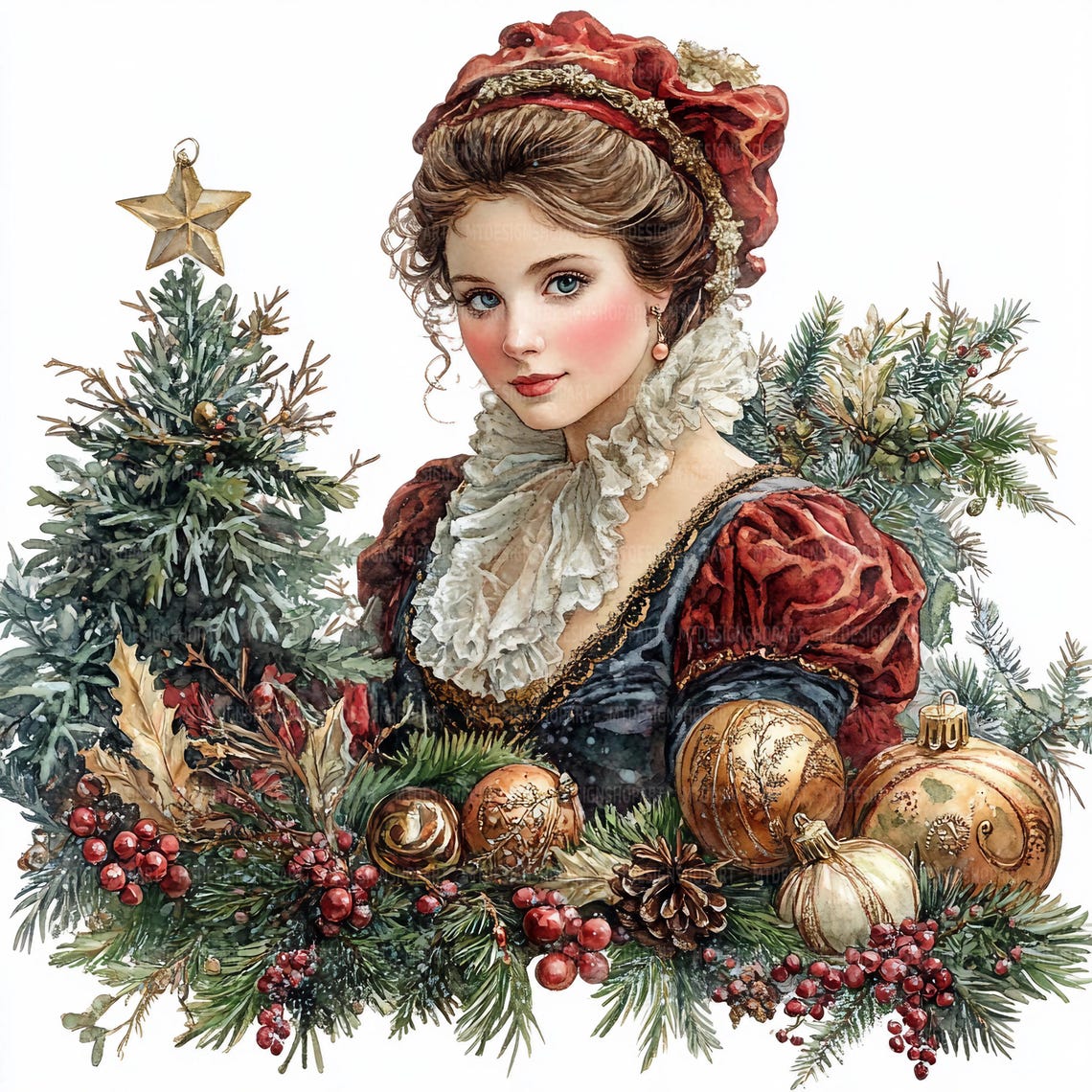 17 Christmas Princess Clipart, Woman Christmas, Printable Watercolor ...