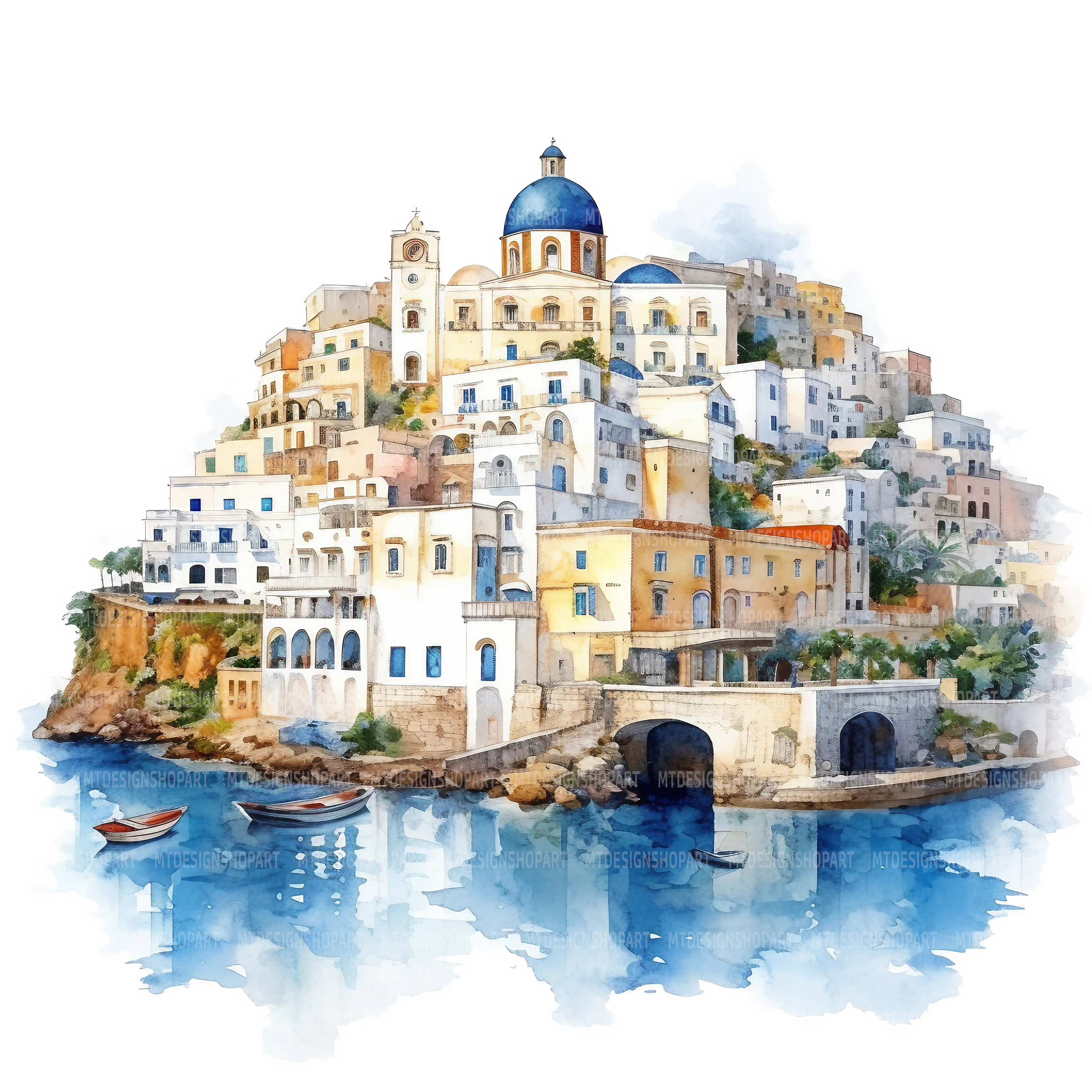 15 Amalfi Coast Clipart, Amalfi Coast Landscape, Printable Watercolor ...