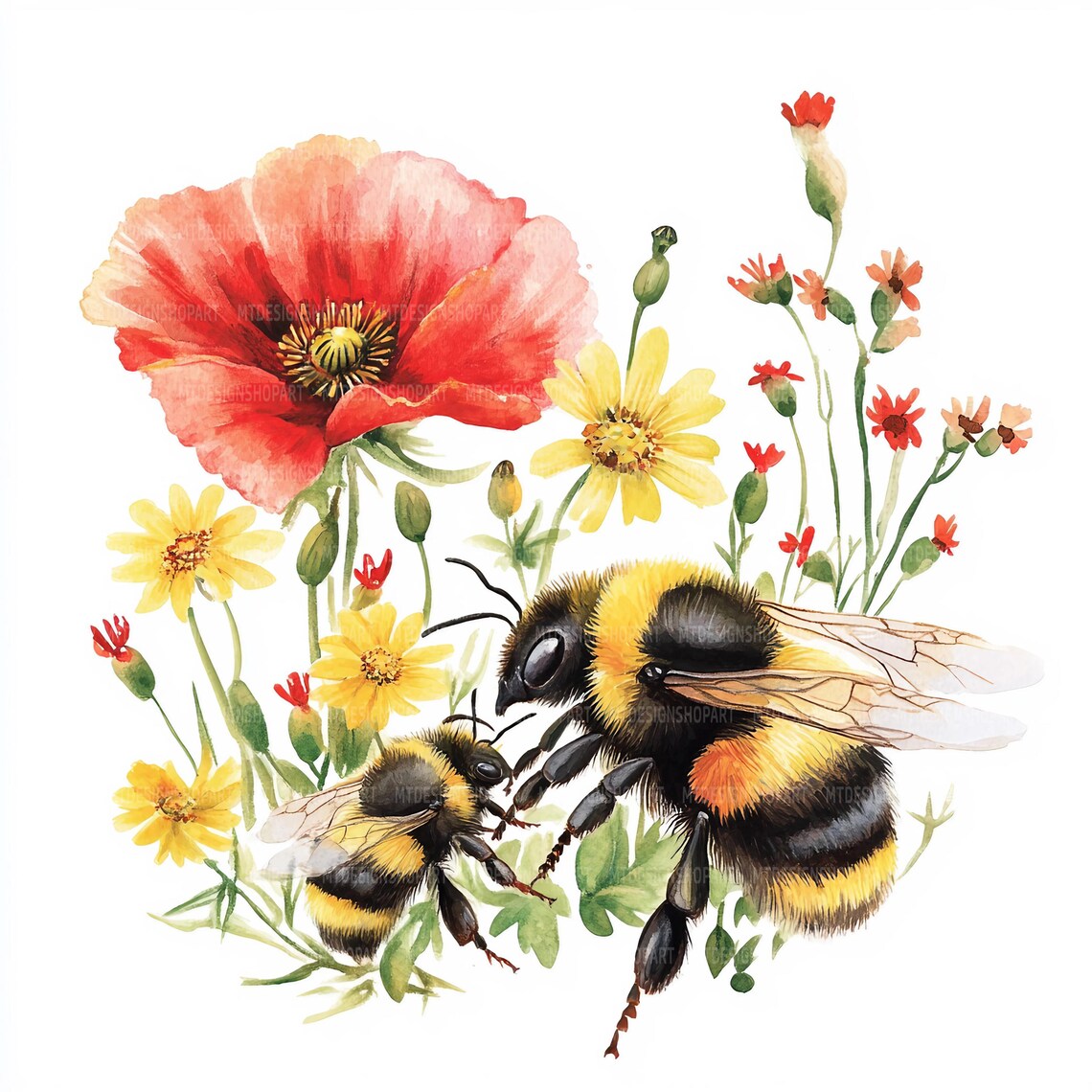 Watercolor Bees and Flowers Clipart: Floral Art, Paper Crafts (digital ...