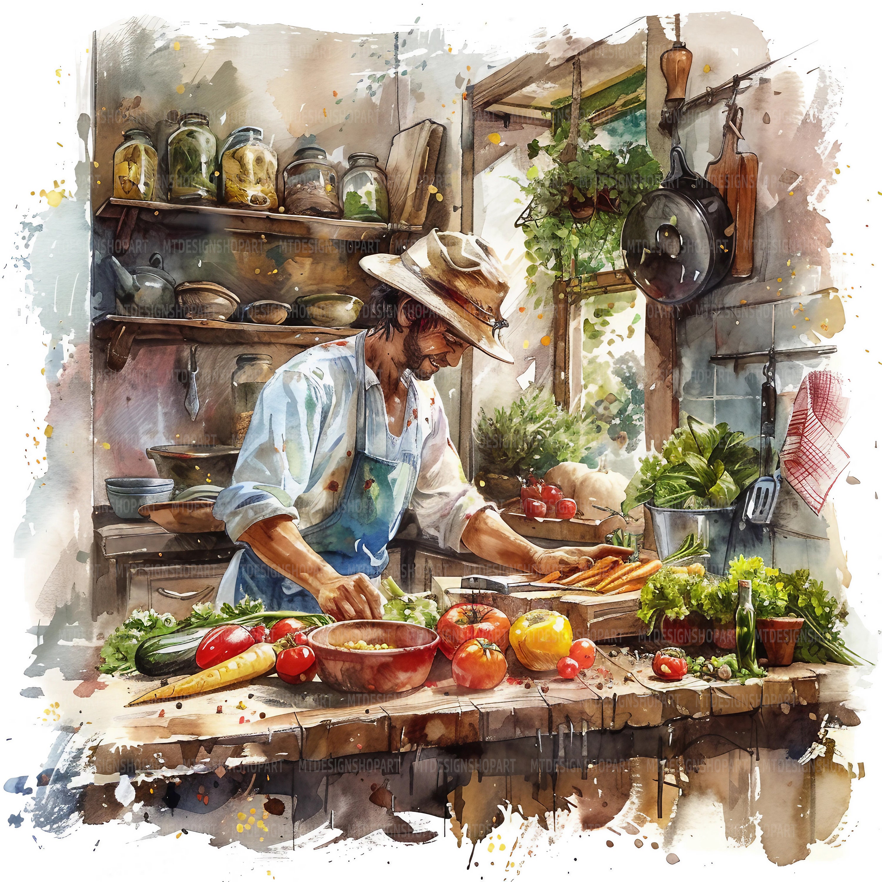 10 Happy Cook in Countryside Clipart, Cooking Chef Clipart, Watercolor ...