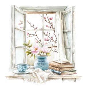 18 Window With Books Clipart, Cozy Window Scene, Printable Watercolor ...
