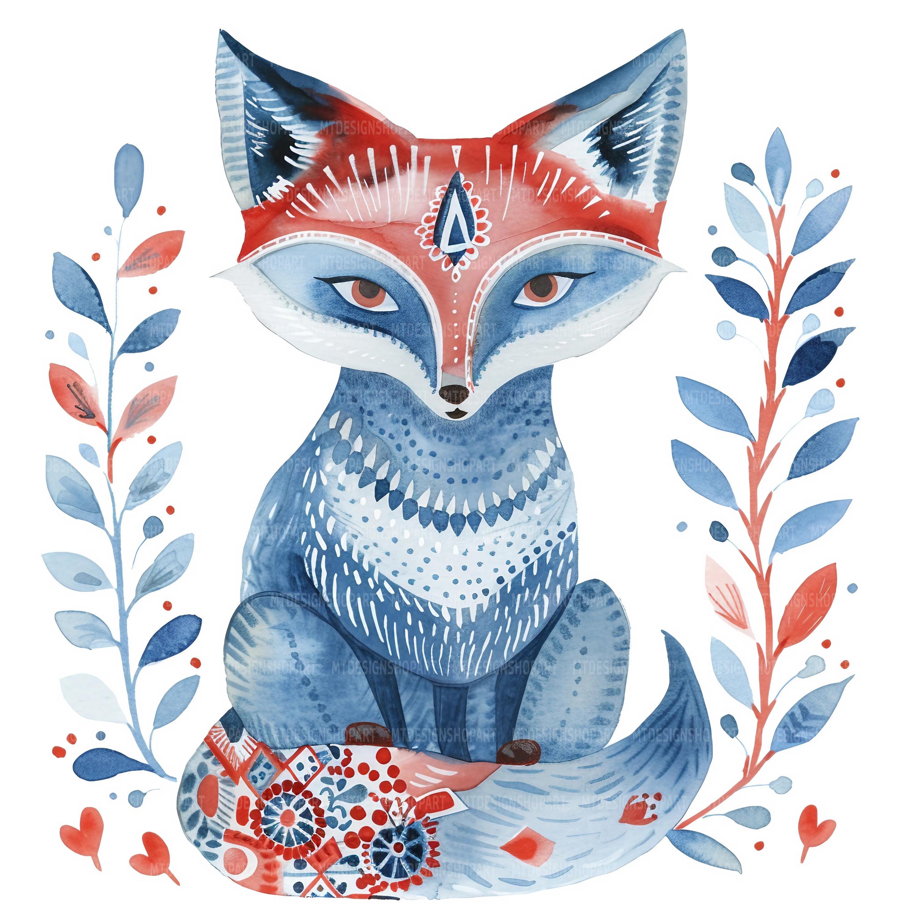 18 Folk Fox Clipart, Scandinavian Folk Fox, Printable Watercolor ...