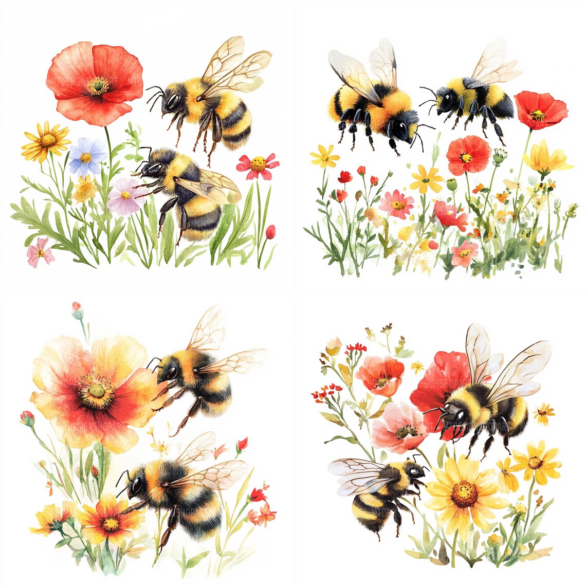 Watercolor Bees and Flowers Clipart: Floral Art, Paper Crafts (digital ...