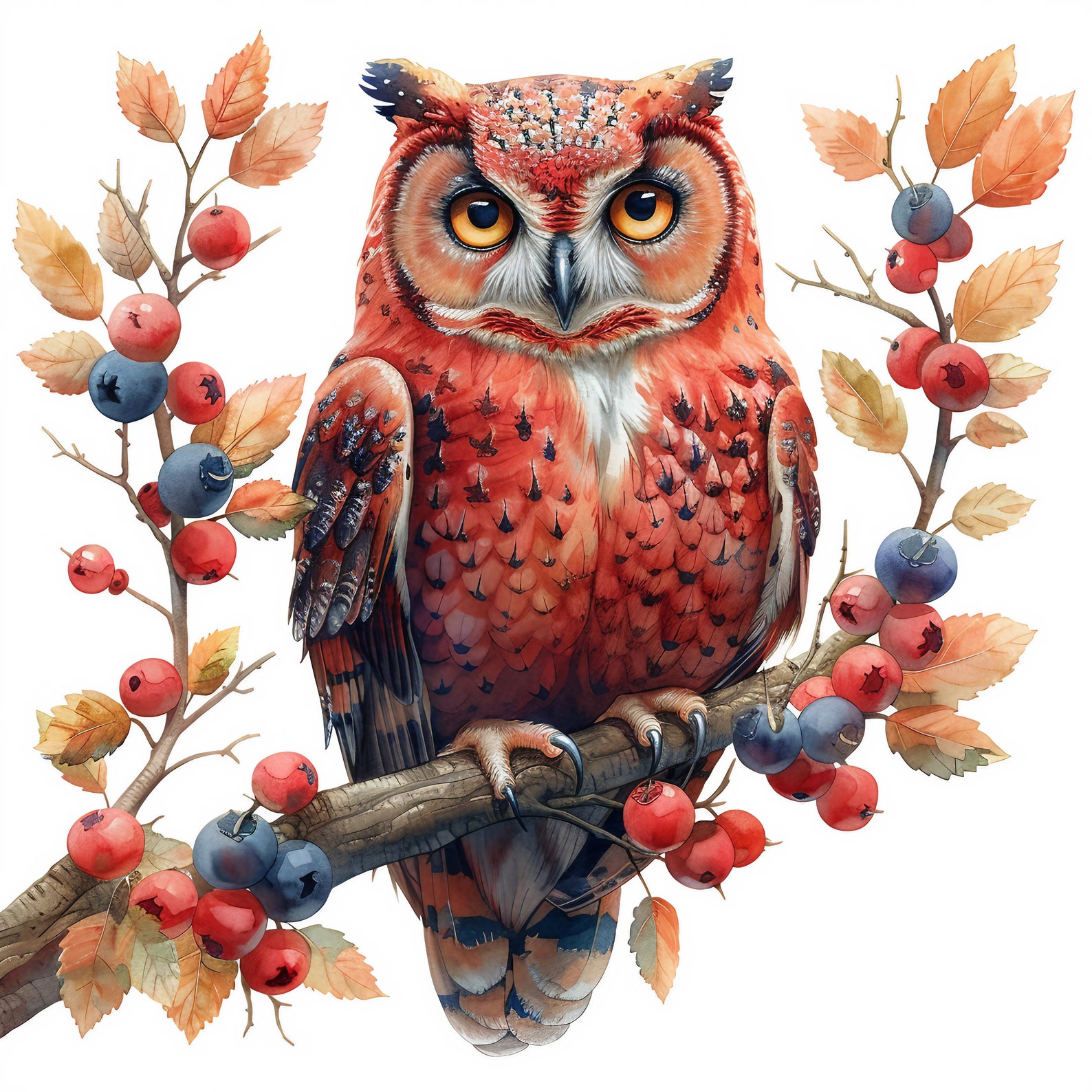 15 Owl on the Branch, Printable Watercolor Clipart, Watercolor Owl ...