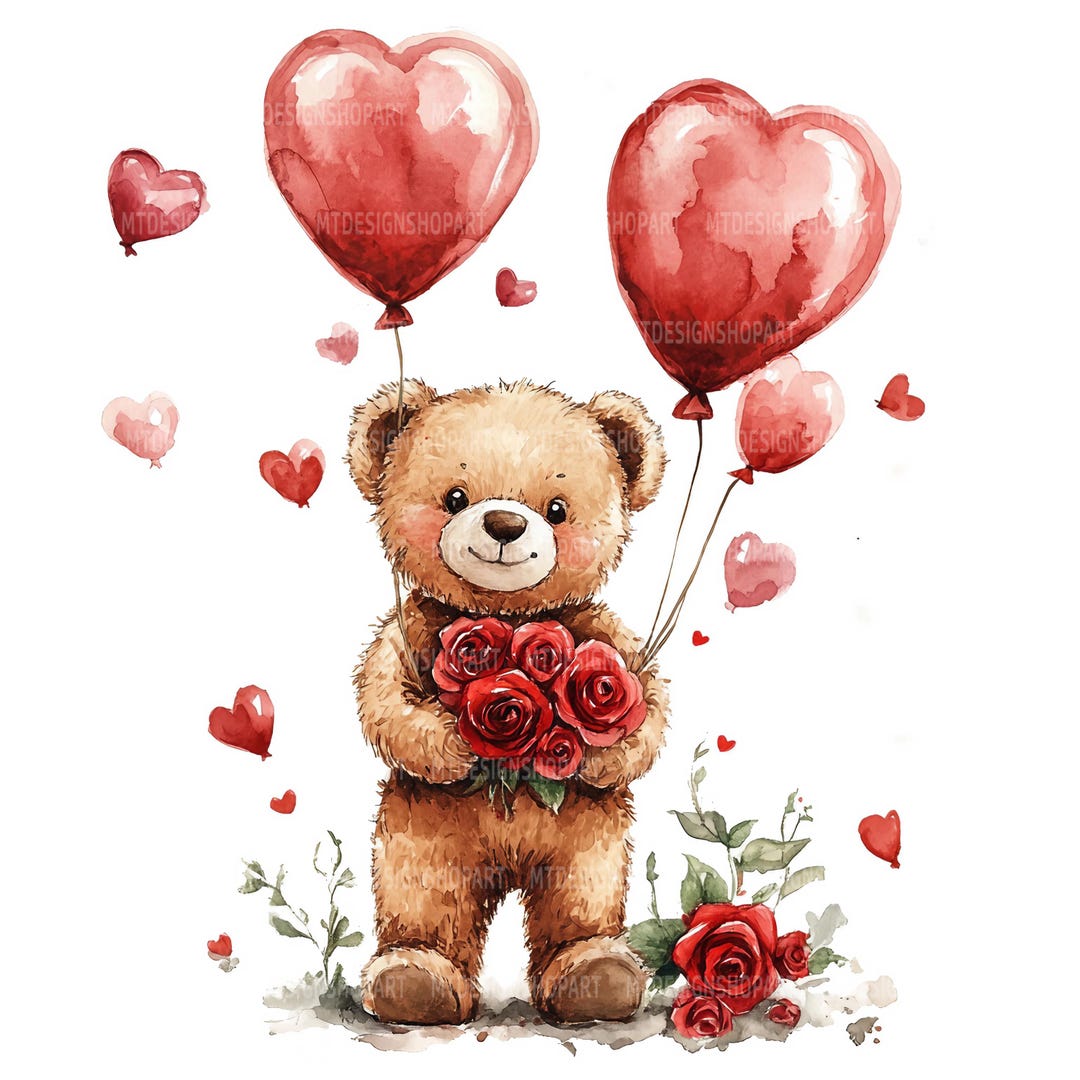 Watercolor Teddy Bear Clipart: Valentine's Day Designs (digital ...