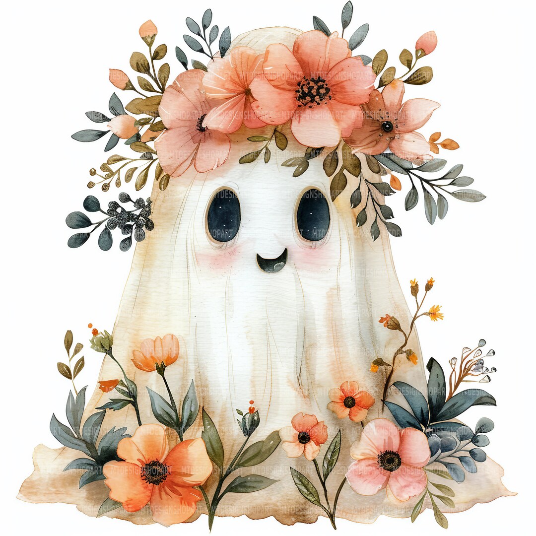 24 Floral Ghost Clipart, Halloween Ghost, Flowers Clipart, Printable ...