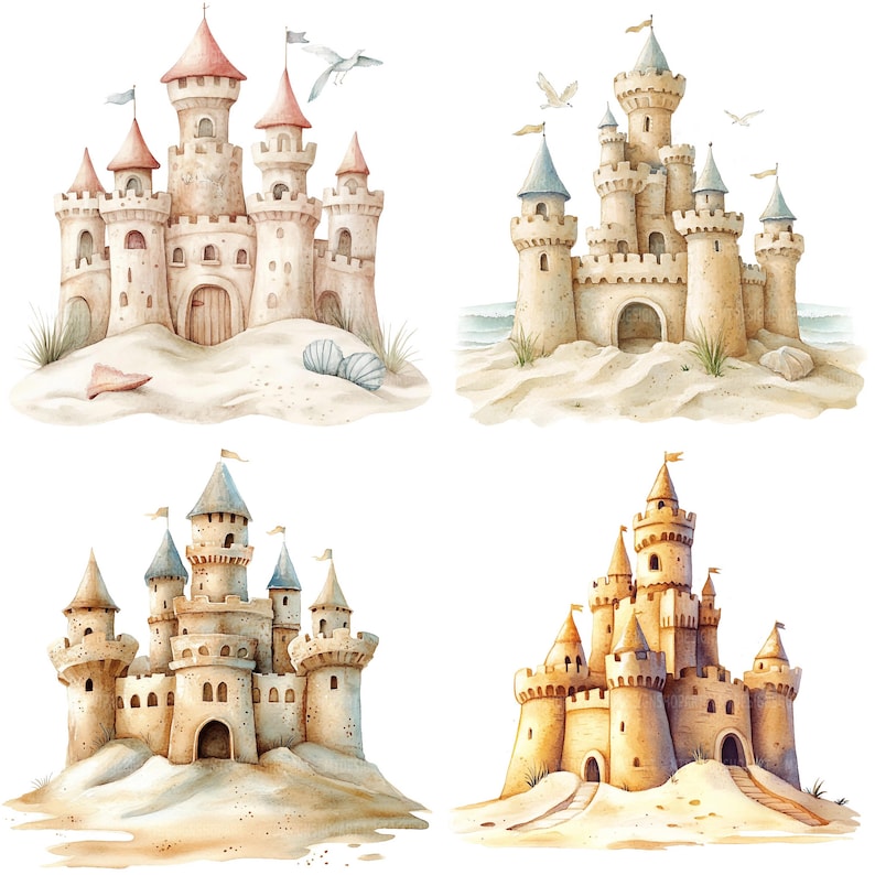 19 Watercolor Sand Castle Clipart, JPG, Cartoon Castle, Paper Craft ...