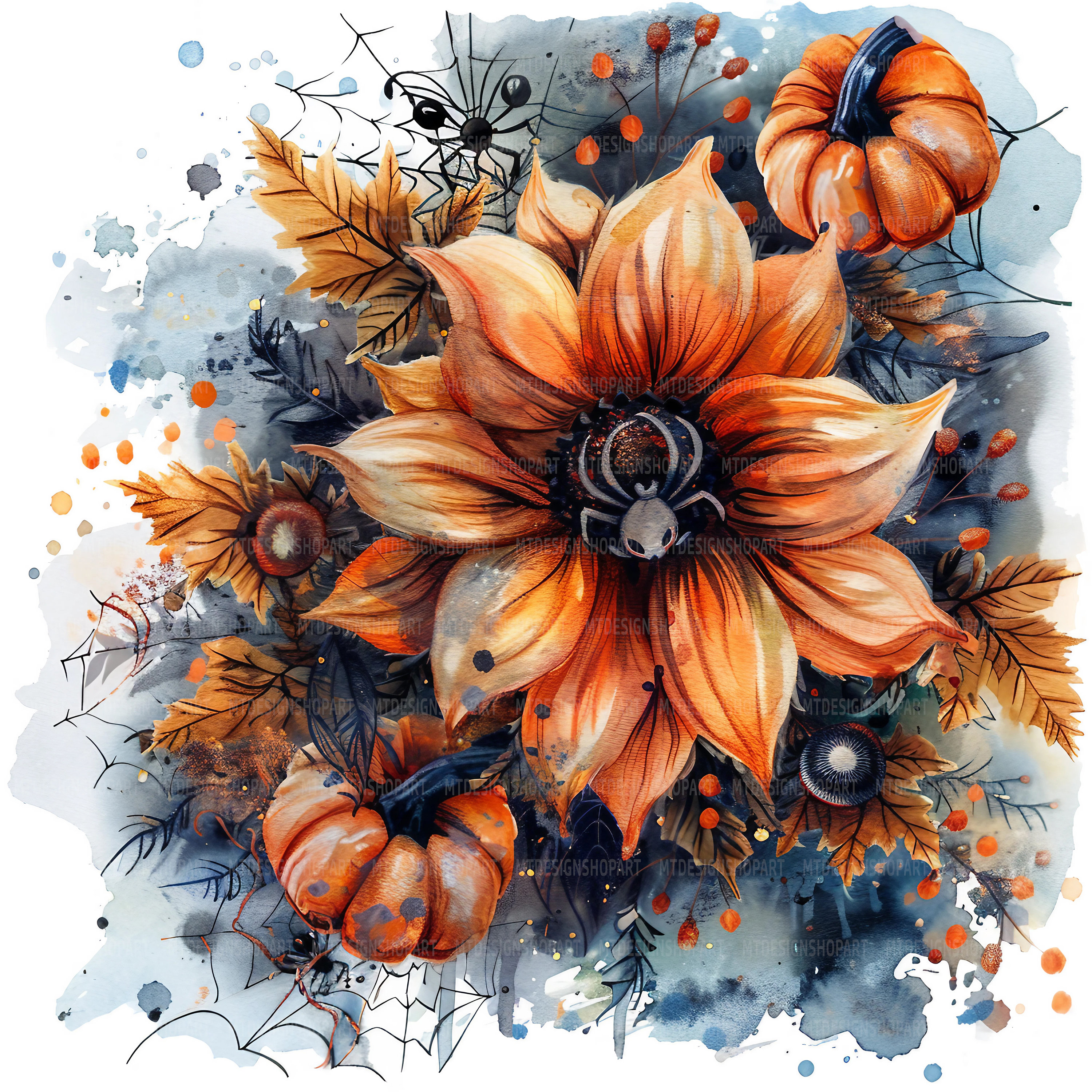 12 Halloween Flower Clipart, Flowers Clipart, Printable Watercolor ...