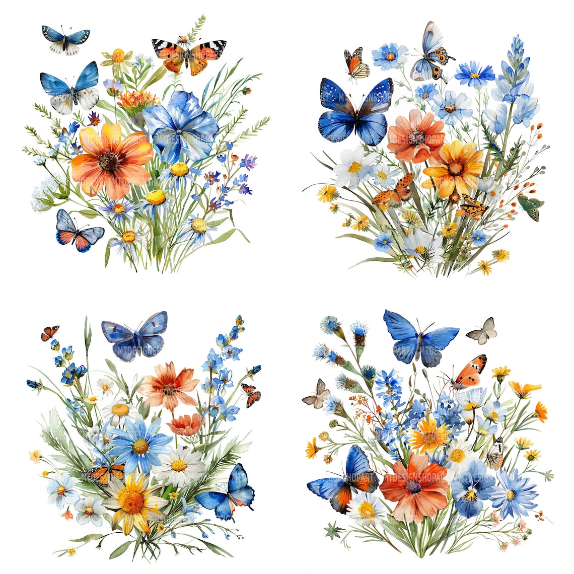 24 Butterflies and Wildflowers Clipart, Wildflowers Clipart, Printable ...