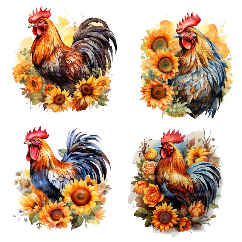 19 Rooster Sunflowers Clipart, Fall Flowers, Printable Watercolor ...