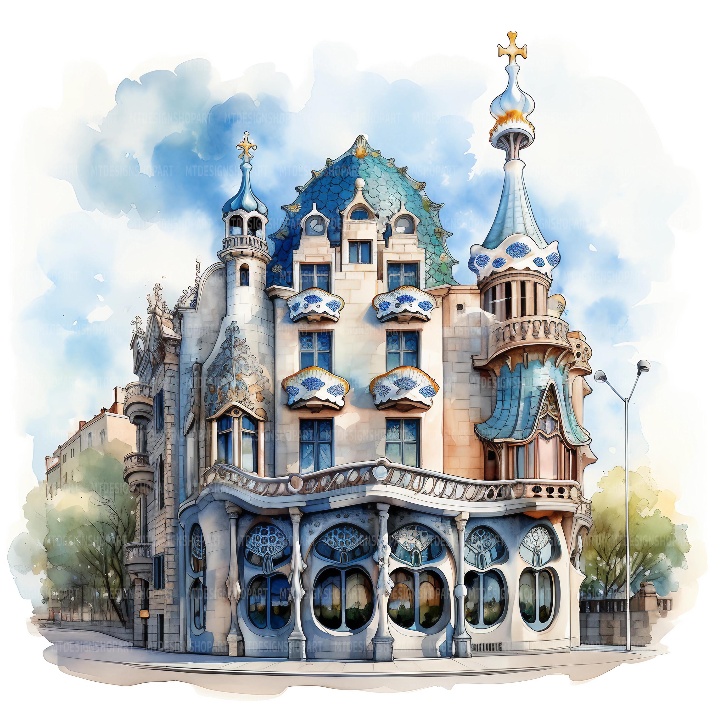 16 Gaudi Building in Barcelona Clipart, Watercolor Barcelona, Printable ...