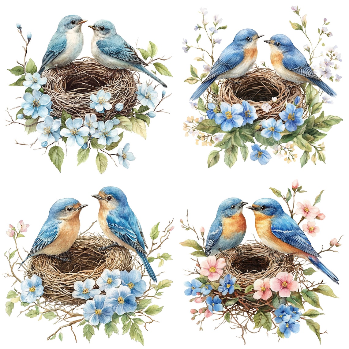16 Spring Bird Nest Clipart, Blue Bird Clipart, Printable Watercolor ...