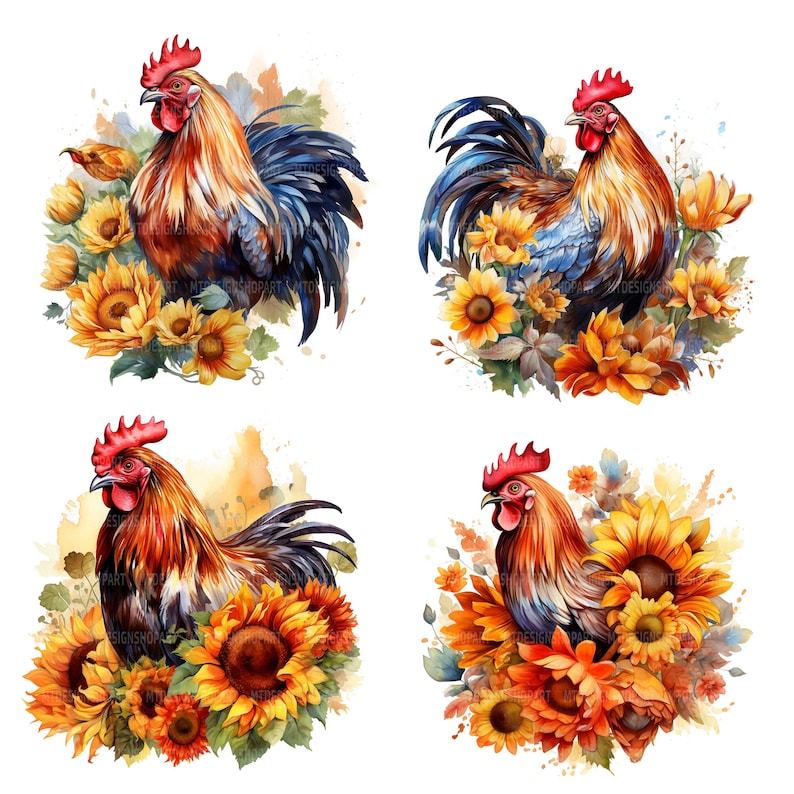 19 Rooster Sunflowers Clipart, Fall Flowers, Printable Watercolor ...