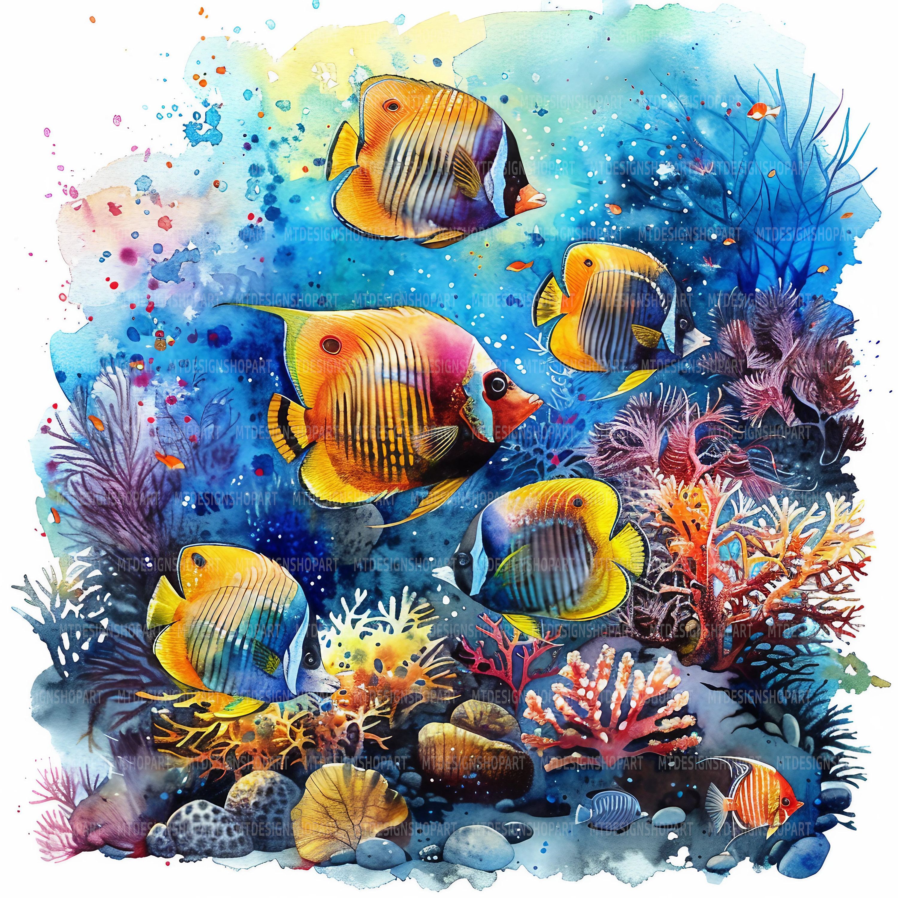 10 Coral Reef Clipart, Underwater Life Clipart, Printable Watercolor ...