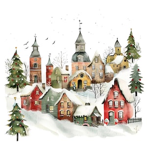 12 Christmas Town Clipart, Winter Village , Printable Watercolor ...