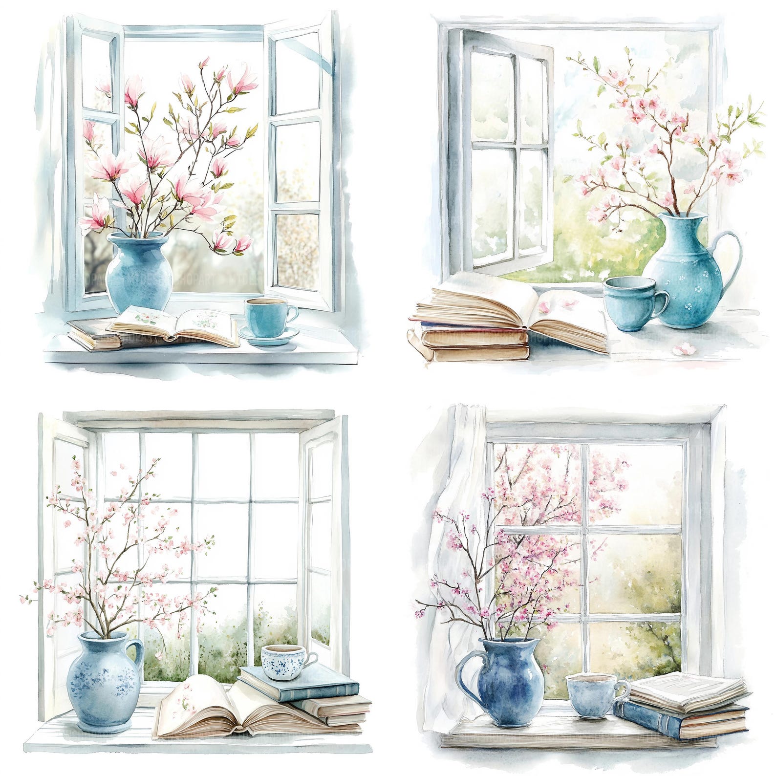 18 Window With Books Clipart, Cozy Window Scene, Printable Watercolor ...