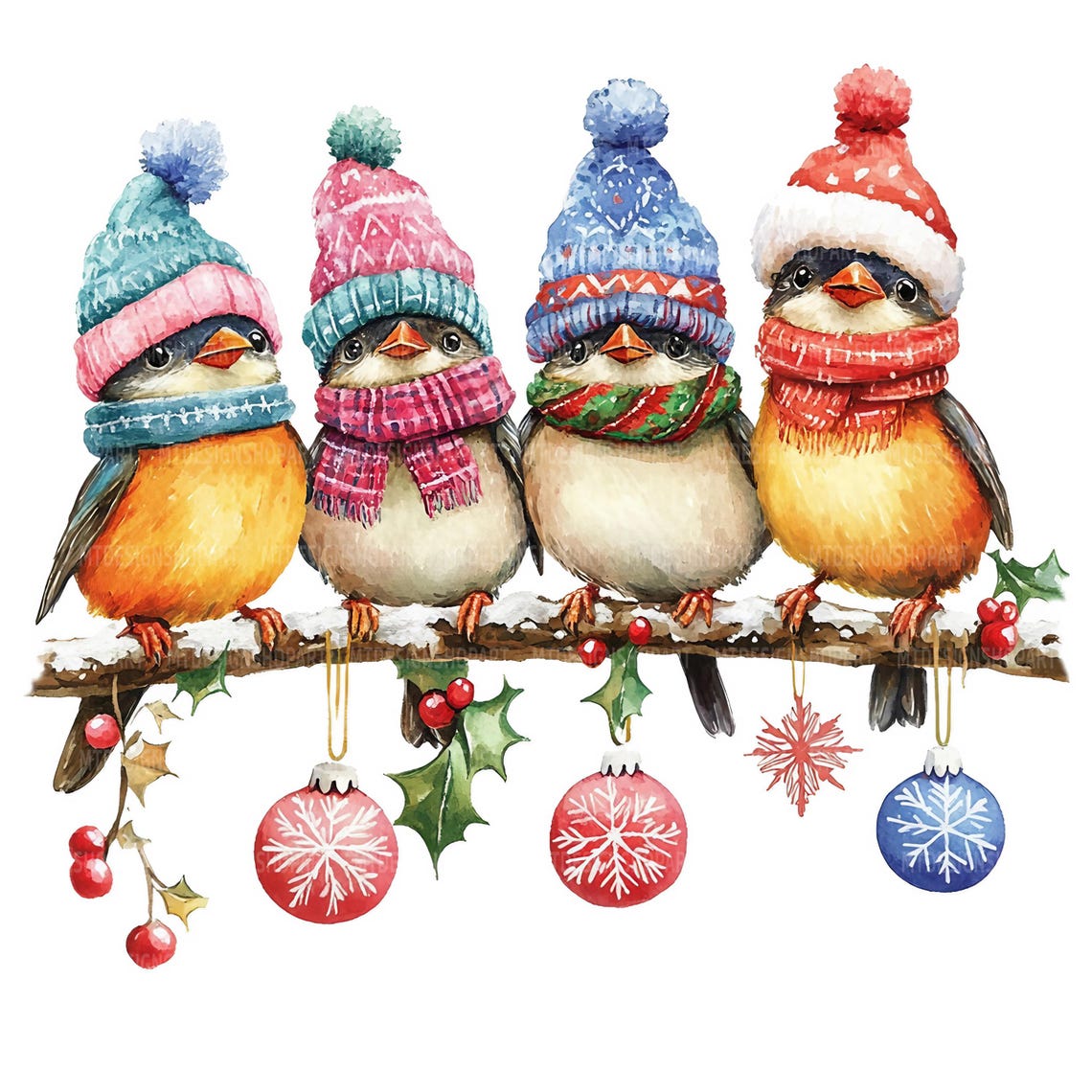 22 Christmas Birds Clipart, Festive Birds on Branch, Printable ...