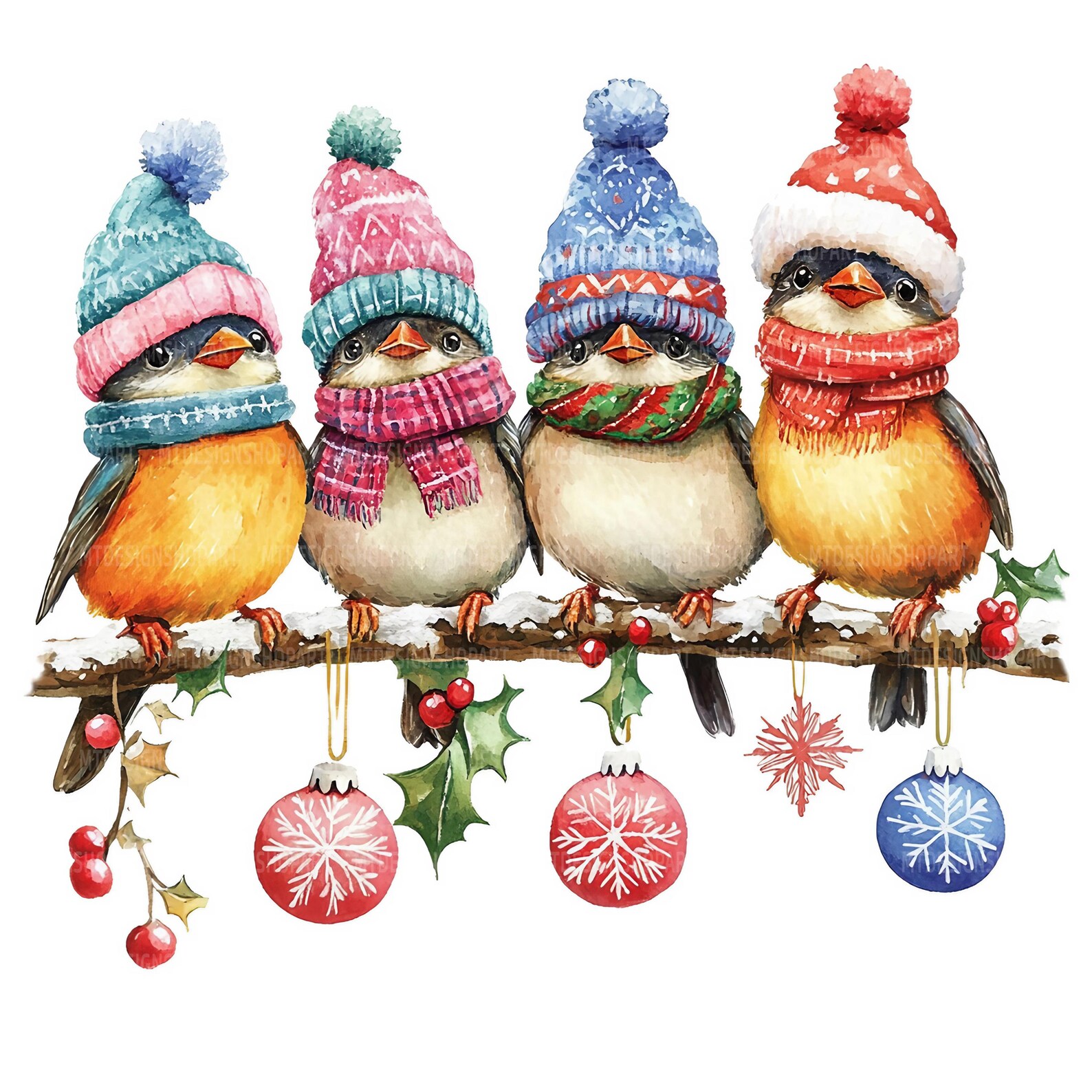 22 Christmas Birds Clipart, Festive Birds on Branch, Printable ...
