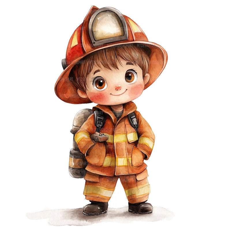 16 Cute Boy Firefighter Clipart, Firemen Clipart, Printable Watercolor ...
