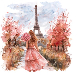 18 Woman in Paris Clipart, Pink Flowers, Paris Bridge, Printable ...