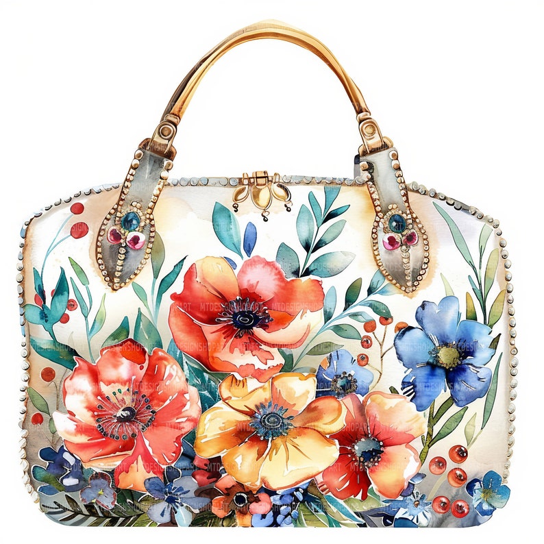 16 Floral Handbag Clipart, Handbag Clipart, Printable Watercolor ...