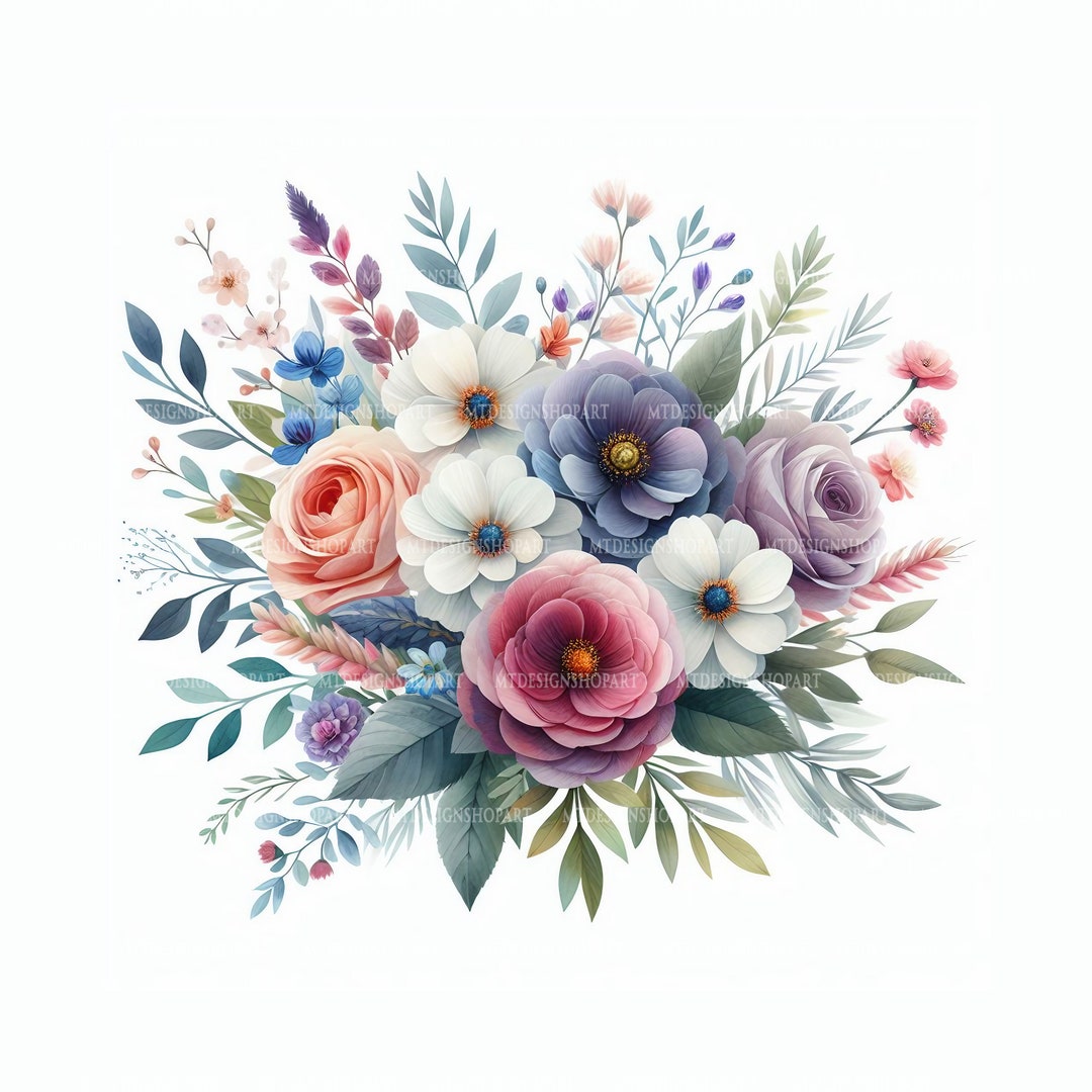 22 Flowers Bouquet Clipart, Bright Flowers, Printable Watercolor ...