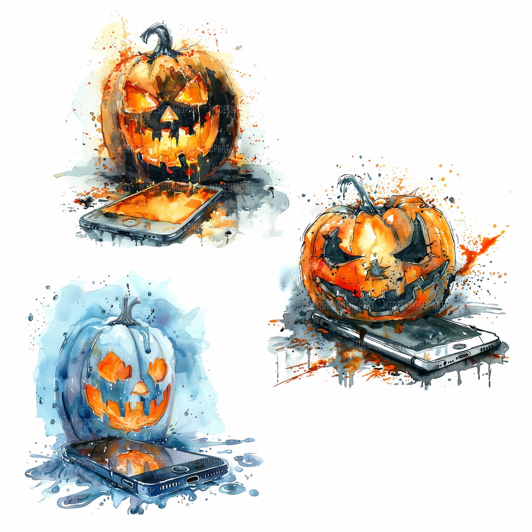 14 Pumpkin and Phone Clipart, Phone Clipart, Printable Watercolor ...