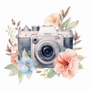 16 Vintage Floral Camera Clipart, Camera Art, Printable Watercolor ...